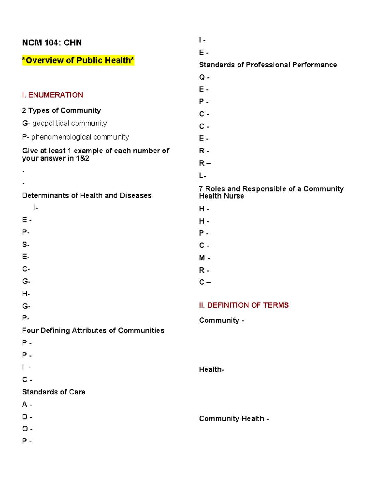 NCM 104: CHN Reviewer on Community Health Standards and Roles - Studocu