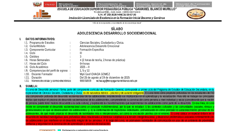 Sílabo de Adolescencia y Desarrollo Socioemocional I - ESC 063 - Studocu
