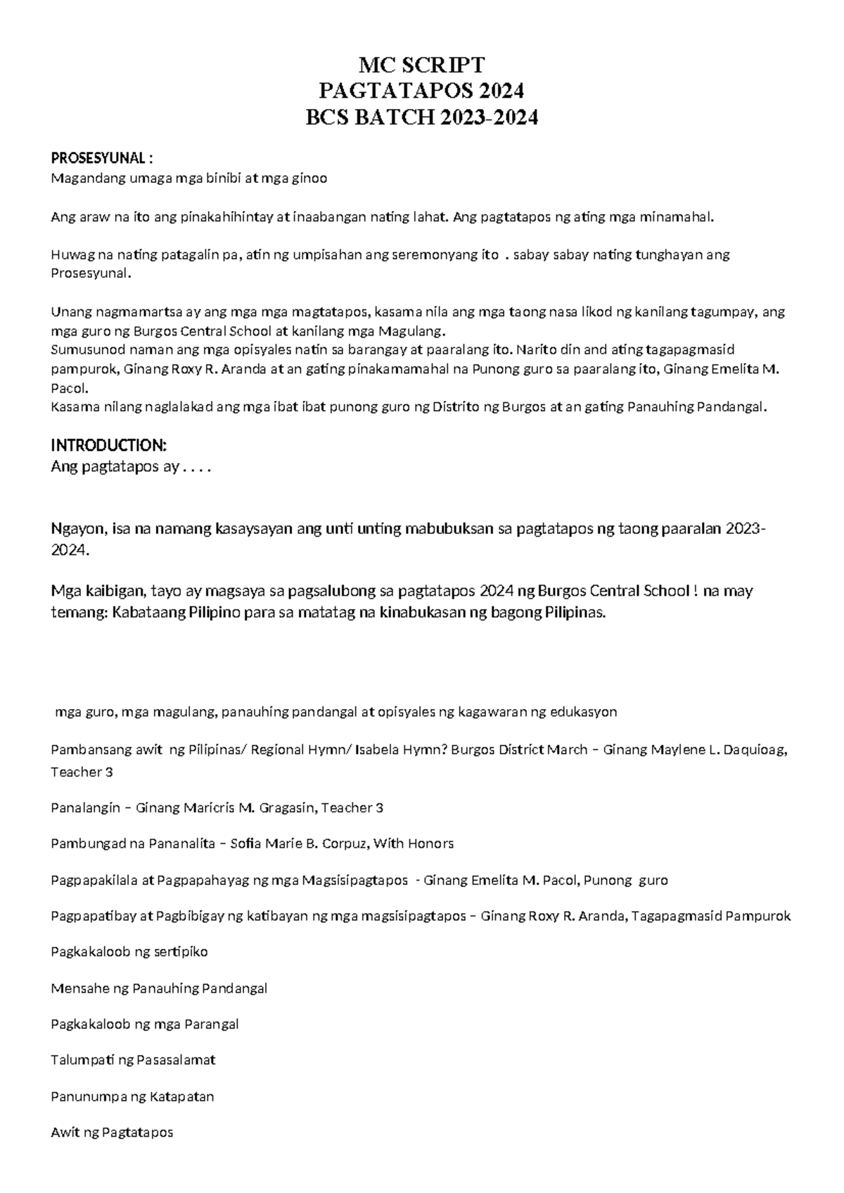 MC Script Pagtatapos 2024: Burgos Central School - Studocu
