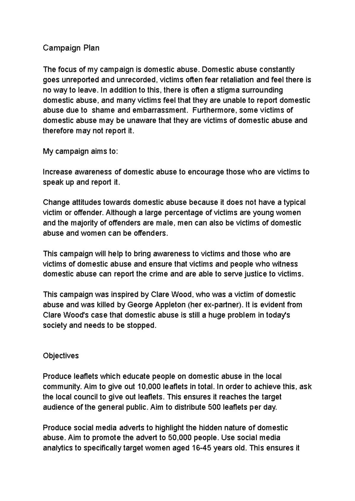 Campaign Plan: Stand Up, Speak Up Against Domestic Abuse (Criminology ...
