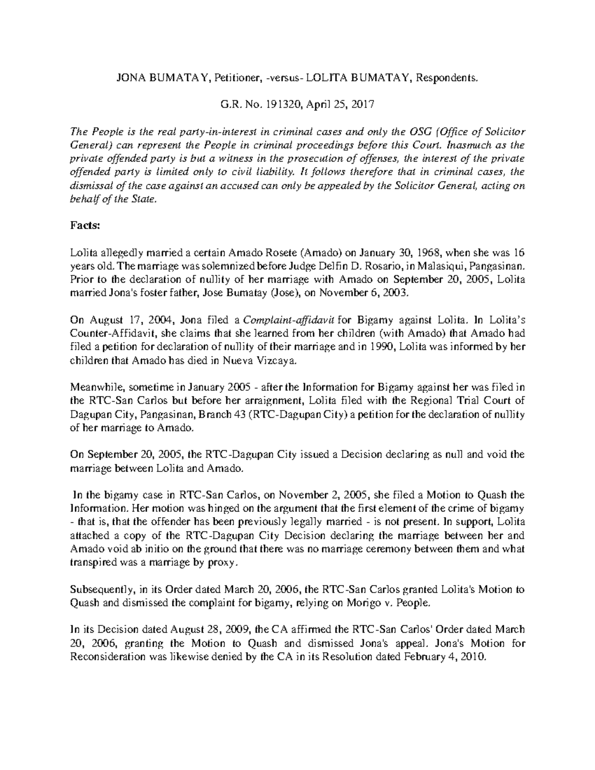 Case Study: Bumatay vs. Bumatay (G.R. No. 191320, 2017) - Bigamy Ruling ...