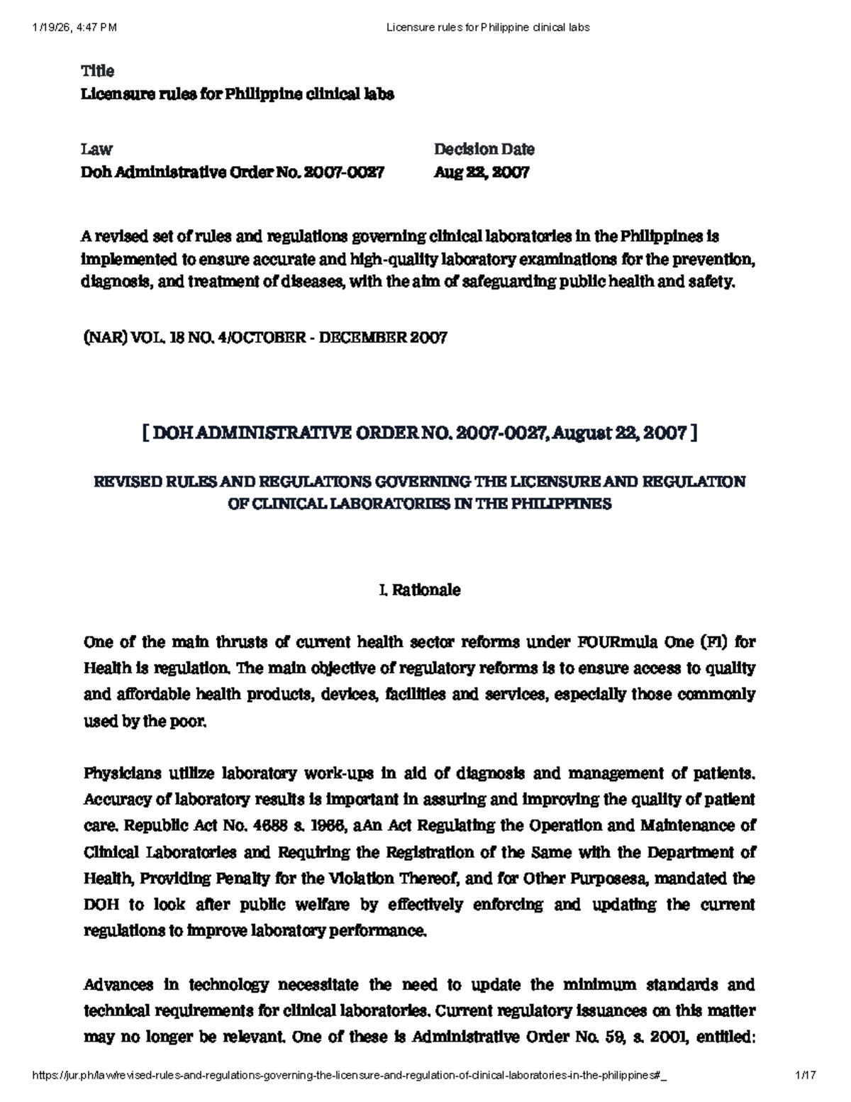 DOH AO 2007 0027: Revised Licensure Rules for Clinical Labs in PH - Studocu