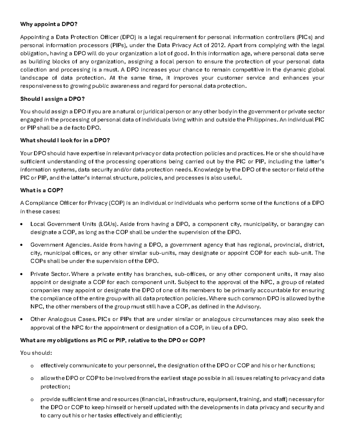 DPO - Summary of Responsibilities Under the Data Privacy Act - Studocu