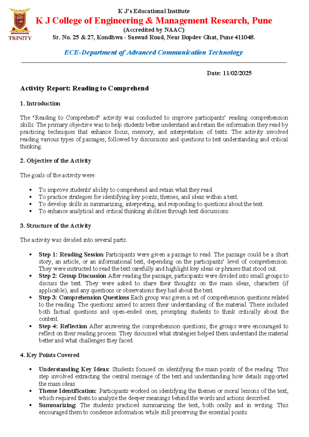 Reading Comprehension Activity Report - KJ College of Engineering - Studocu