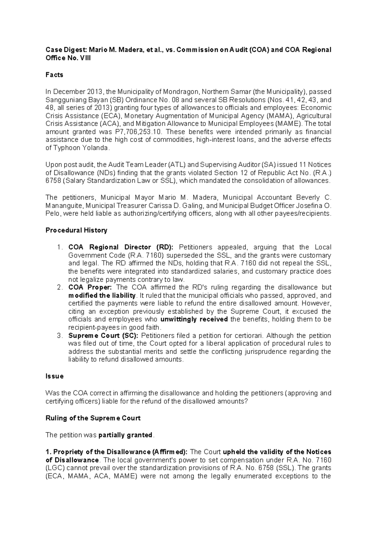 Madera vs. COA: Case Digest on Allowances Disallowance - Studocu