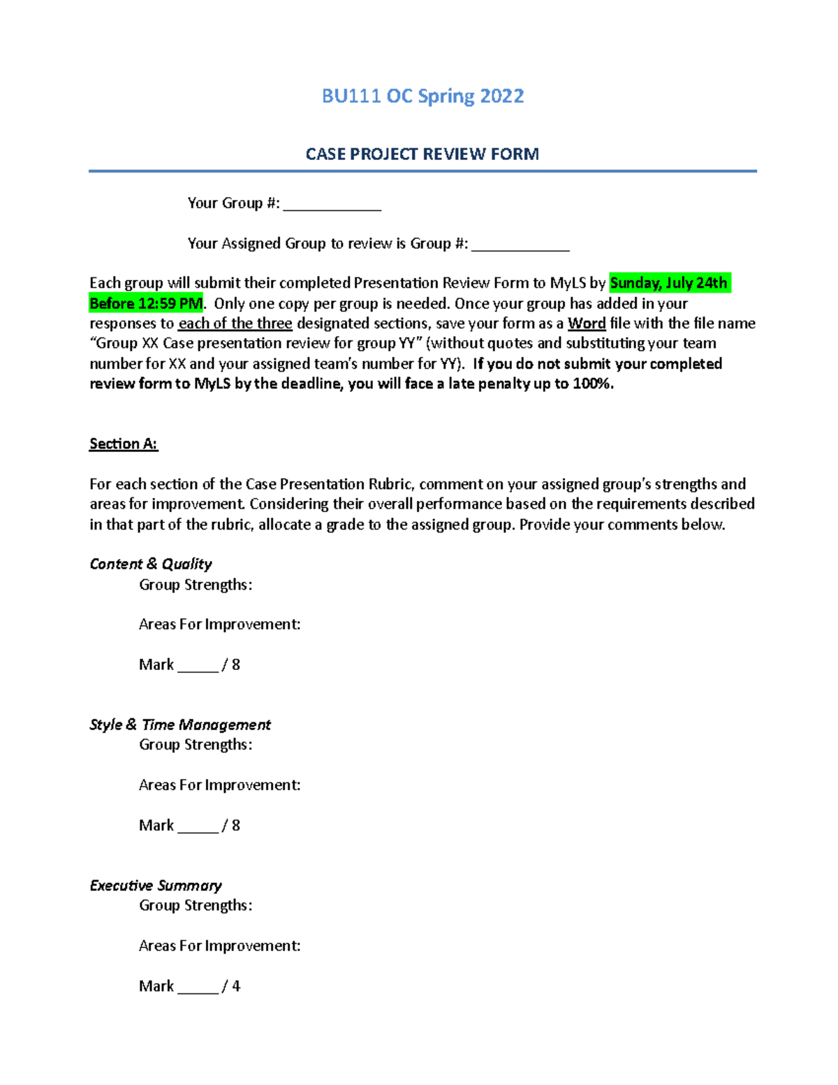 BU111 OC S22 Case Project Review Form - BU111 OC Spring 2022 CASE ...