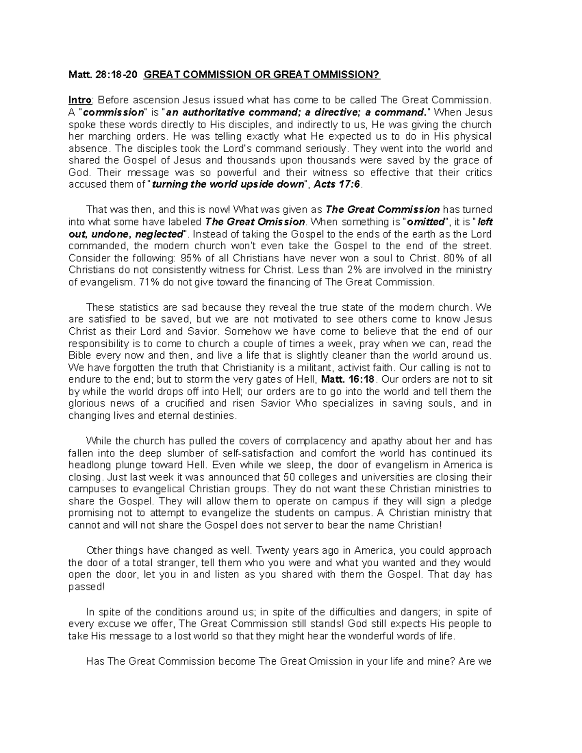 Evangelism: The Great Commission vs. The Great Omission? - Studocu