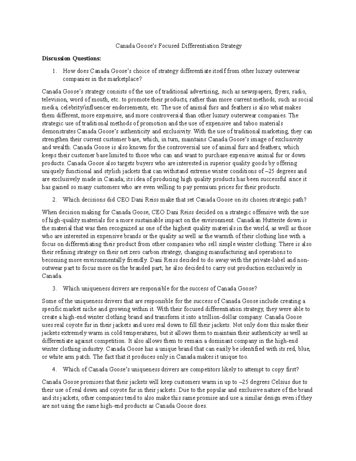 Canada Goose's Differentiation Strategy Analysis - CL6 Activity - Studocu