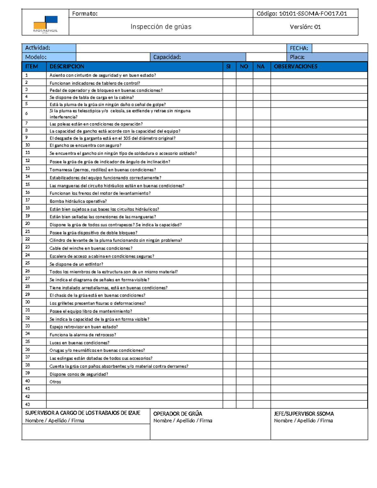 Formato de Control Operacional para la Inspección de Grúas 10101-SSOMA ...