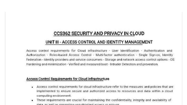 CCS362 Security and Privacy in Cloud: Unit 3 Access Control Notes - Studocu