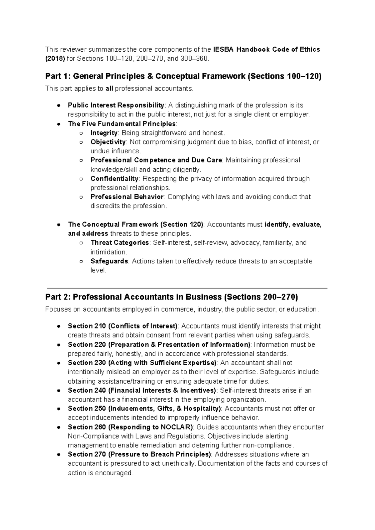 IESBA Handbook Code of Ethics Summary: Core Principles & Framework ...