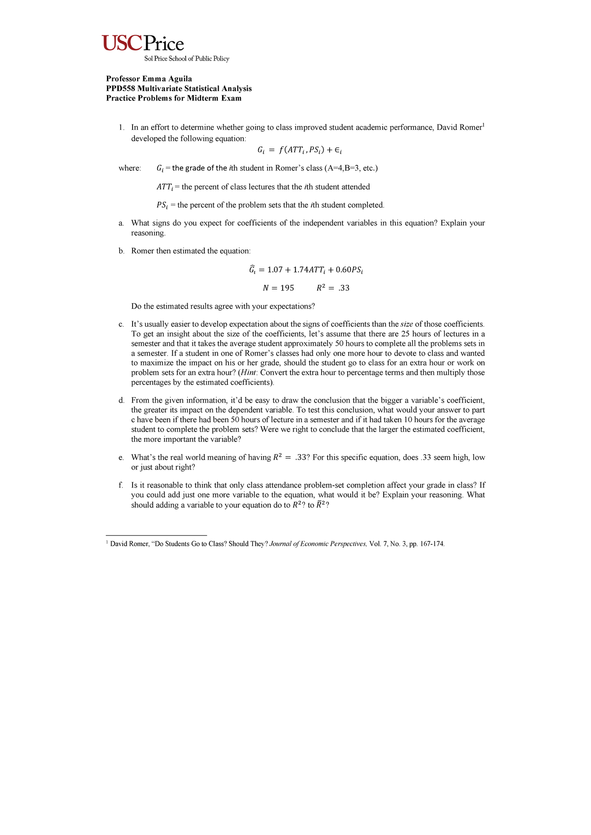 PPD558 Multivariate Statistical Analysis Midterm Exam Practice Problems - Studocu