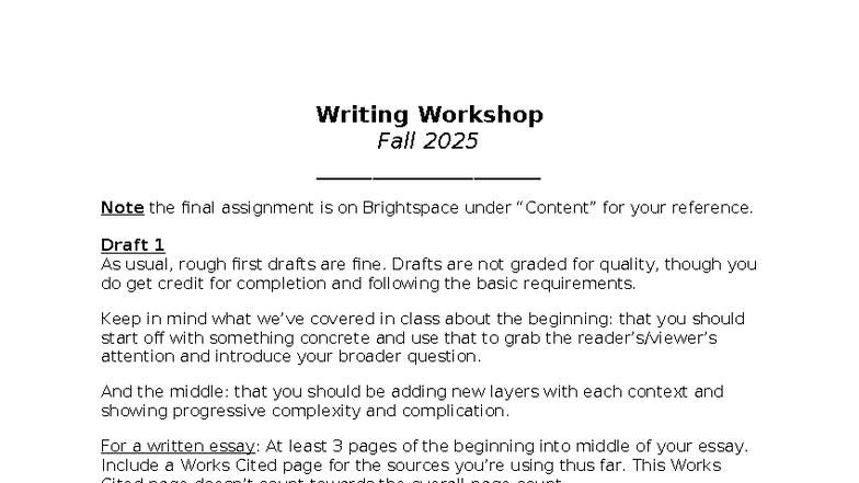 F25 Writing Workshop: Drafting Notes for Final Assignment - Studocu