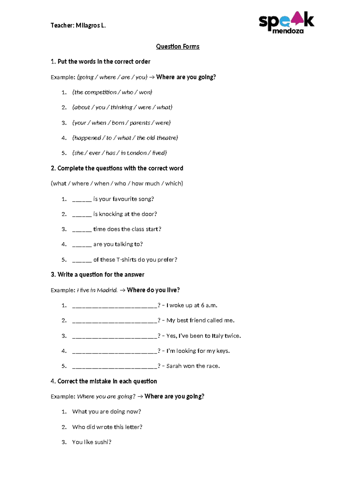 Question Forms: Exercises on Question Structure and Correction - Studocu