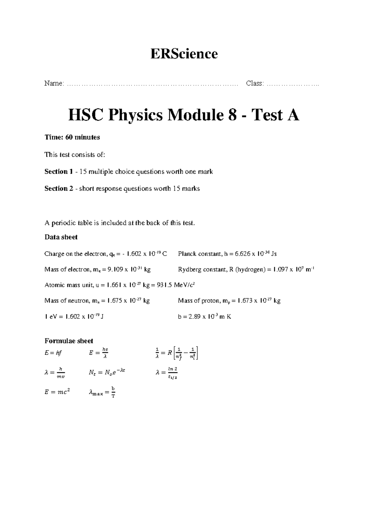 HSC Physics Module 8 Test A Questions and Answers - Studocu
