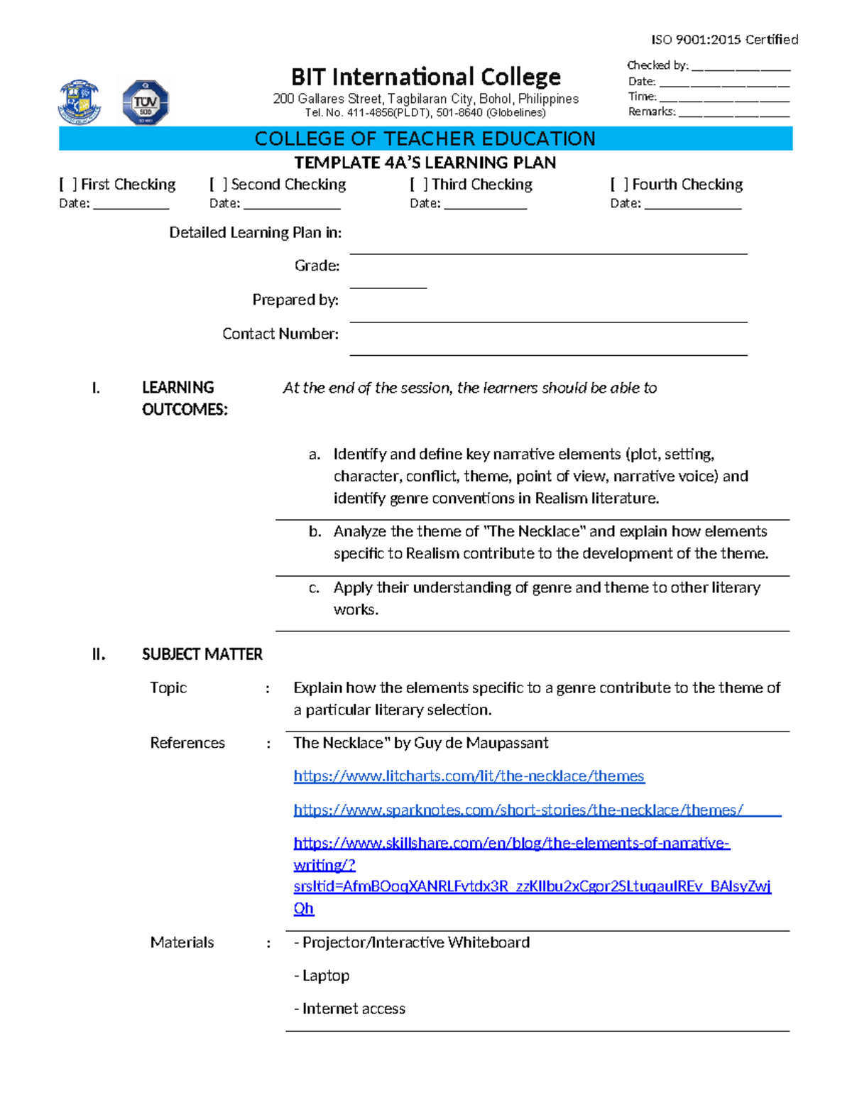 Lesson Plan 4A - Analyzing Narrative Elements in "The Necklace" - Studocu