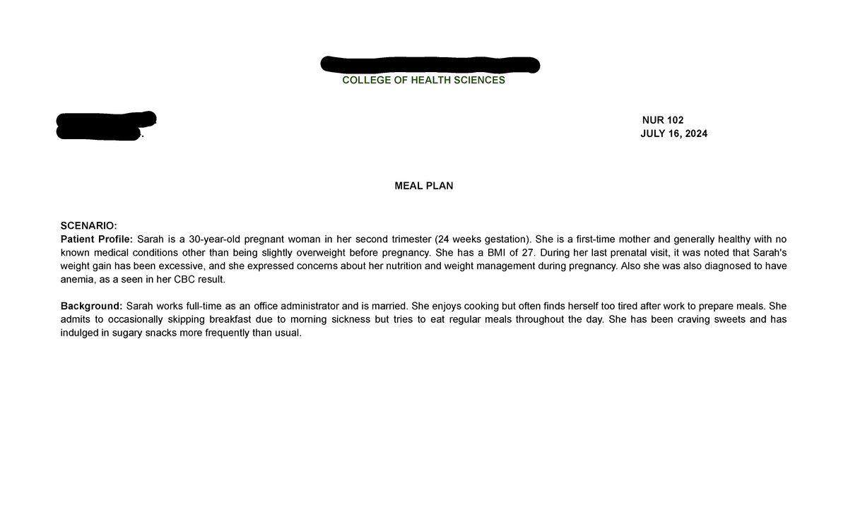 Meal plan example - PHINMA- UNIVERSITY OF PANGASINAN COLLEGE OF HEALTH ...