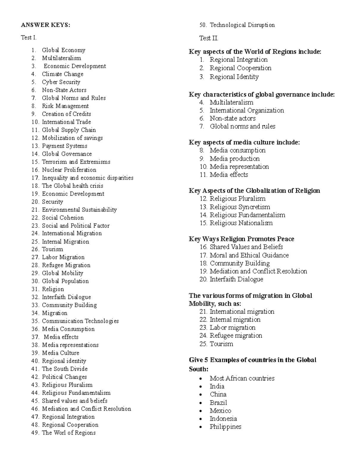 Answer Keys for Global Governance & Migration (Test I & II) - Studocu