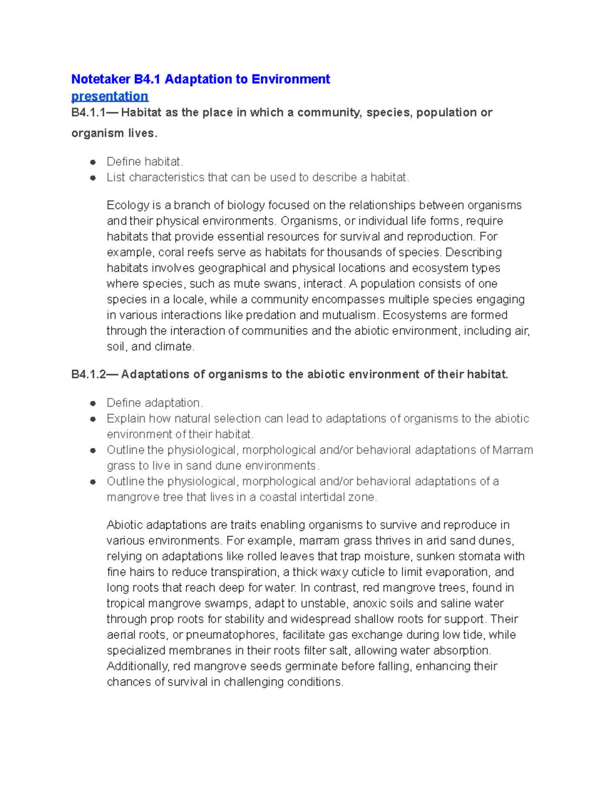 B4.1 Ecology: Organisms, Adaptations, and Biomes Overview - Notetaker ...