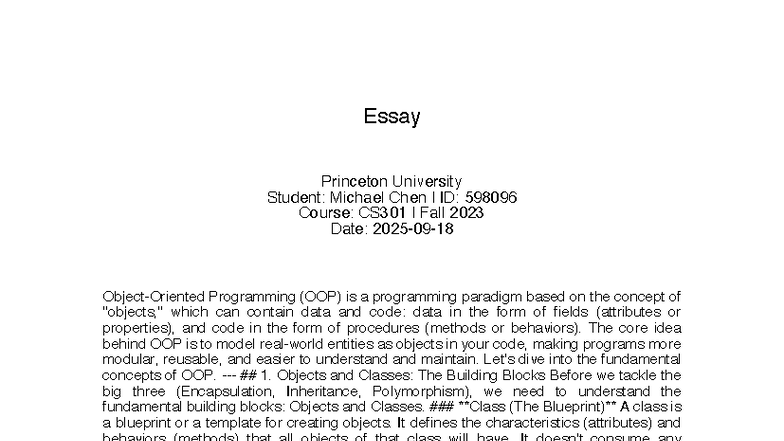 CS301 Fall 2023: OOP Concepts and Principles - Essay Notes - Studocu