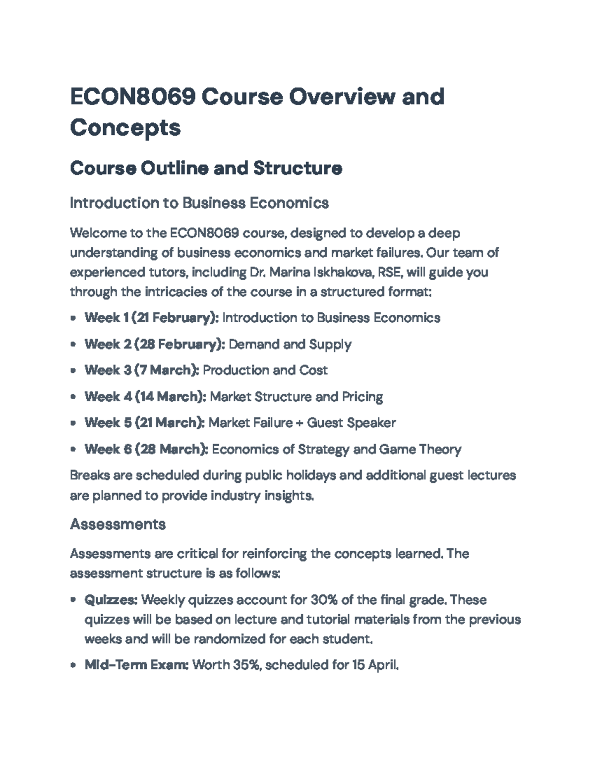 Business Economics Overview - ECON8069 Course Structure and Concepts ...