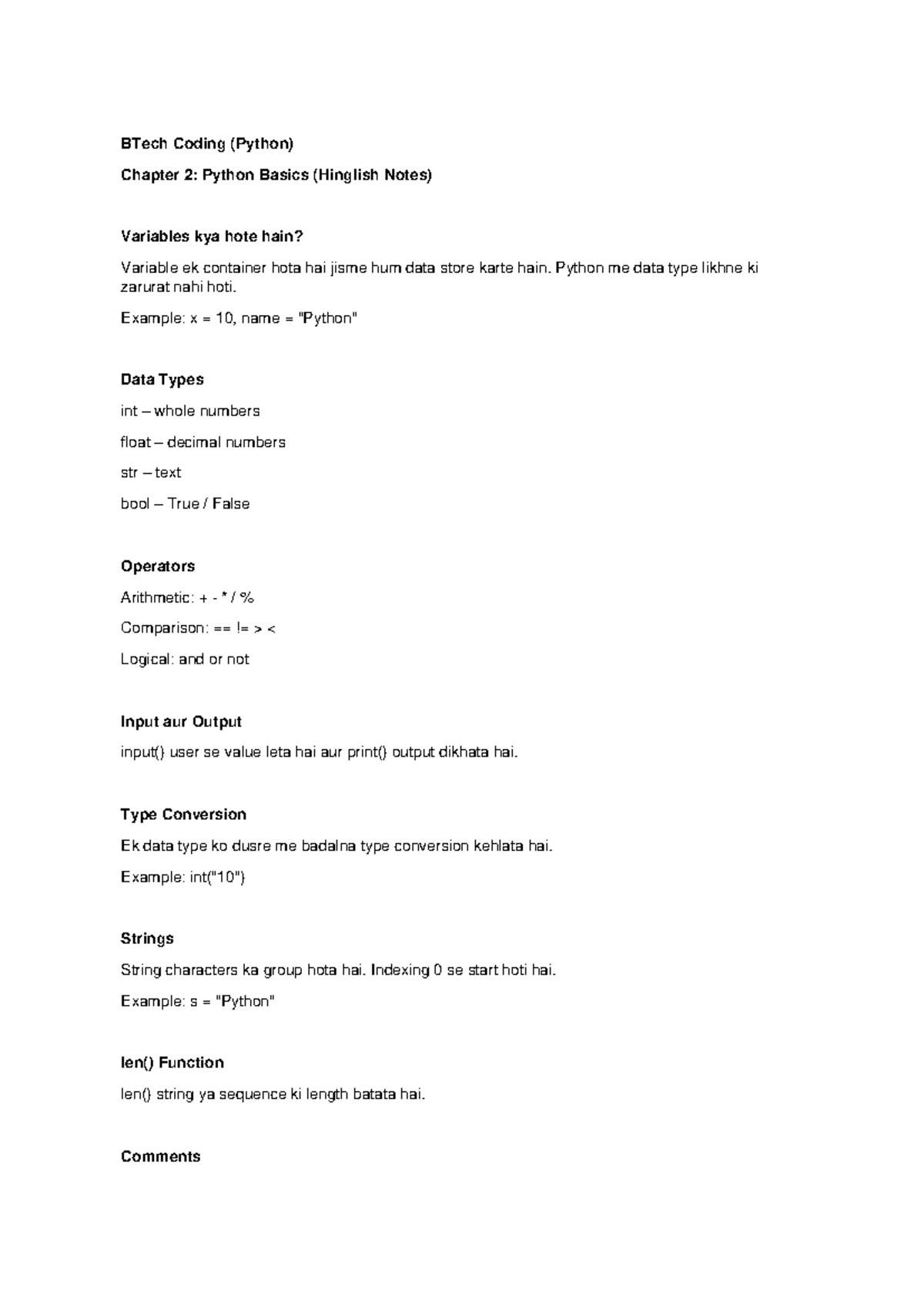 BTech Python Chapter 2: Basics & Variables (Hinglish Notes) - Studocu