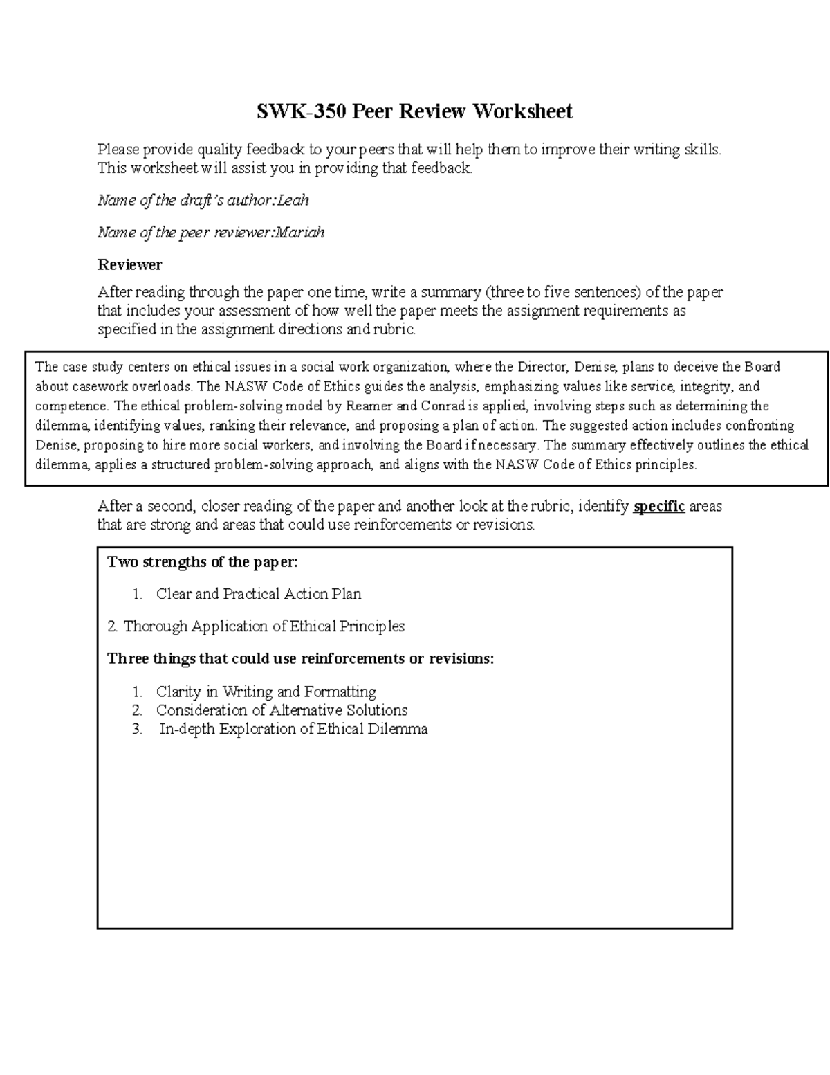 SWK-350 T3 Peer Review Worksheet: Feedback for Writing Improvement ...