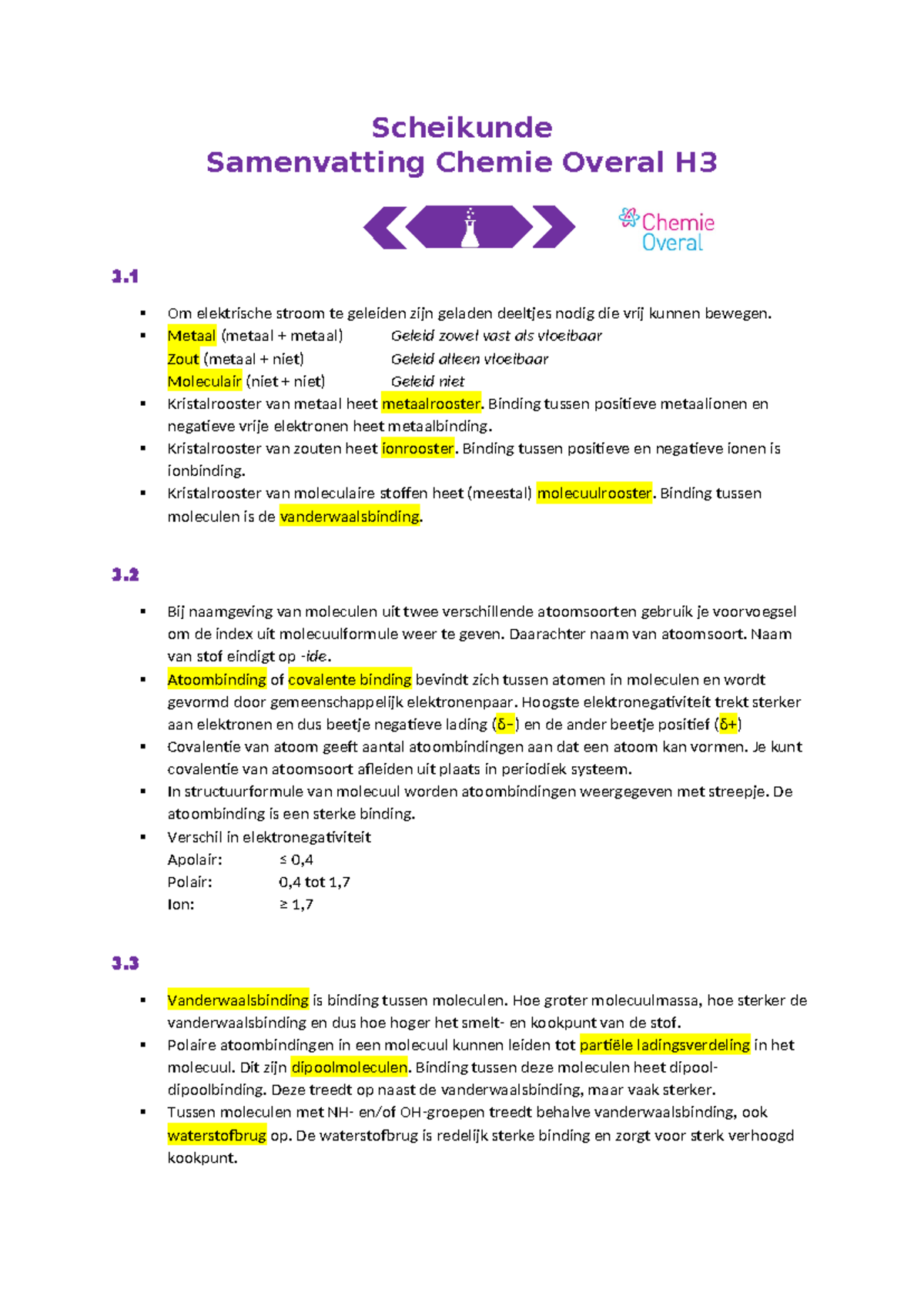 Scheikunde Hoofdstuk 3: Samenvatting van Bindingen en Structuren ...