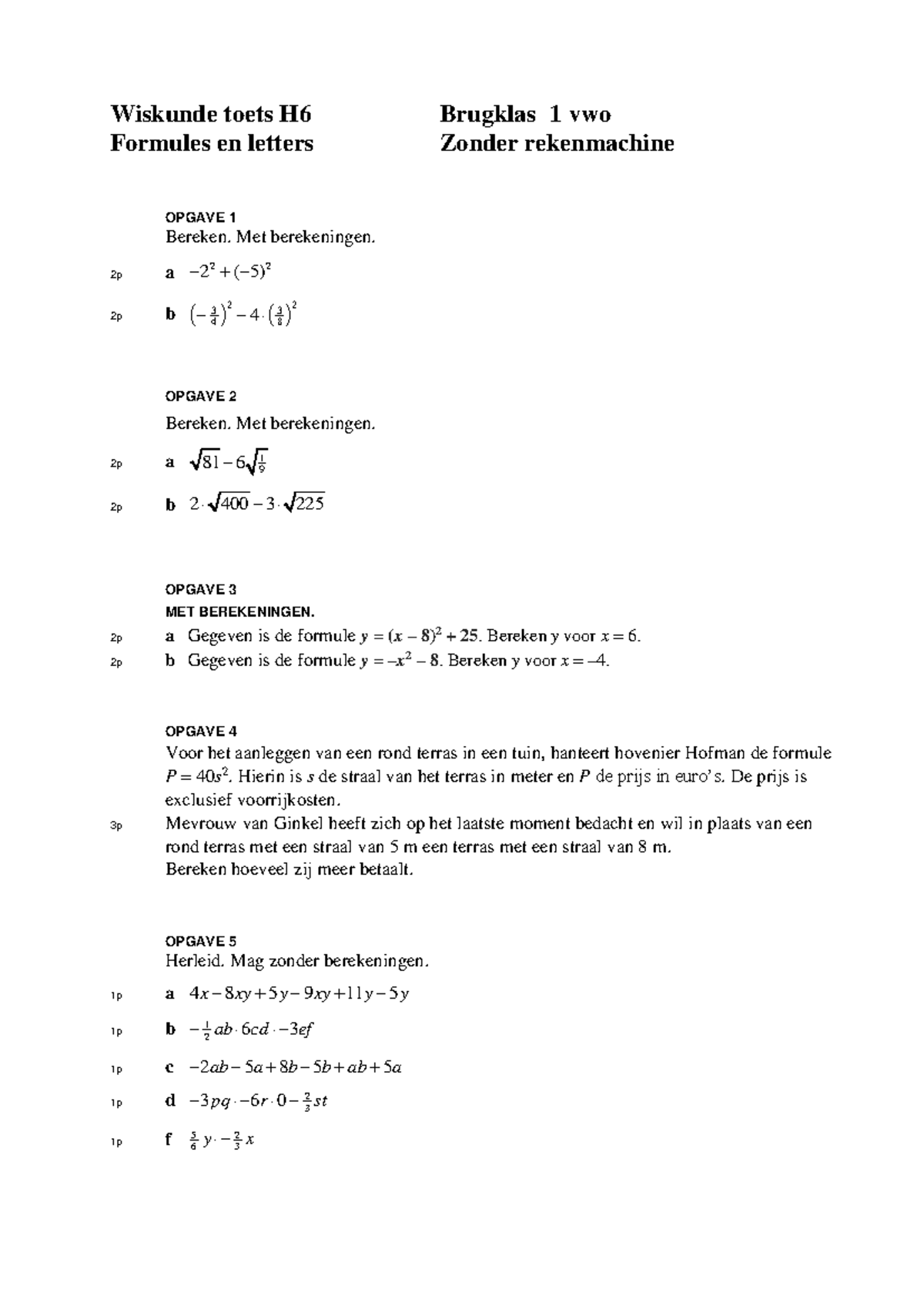 Oefentoets Wiskunde H6 Brugklas 1 VWO - Formules & Berekeningen ...