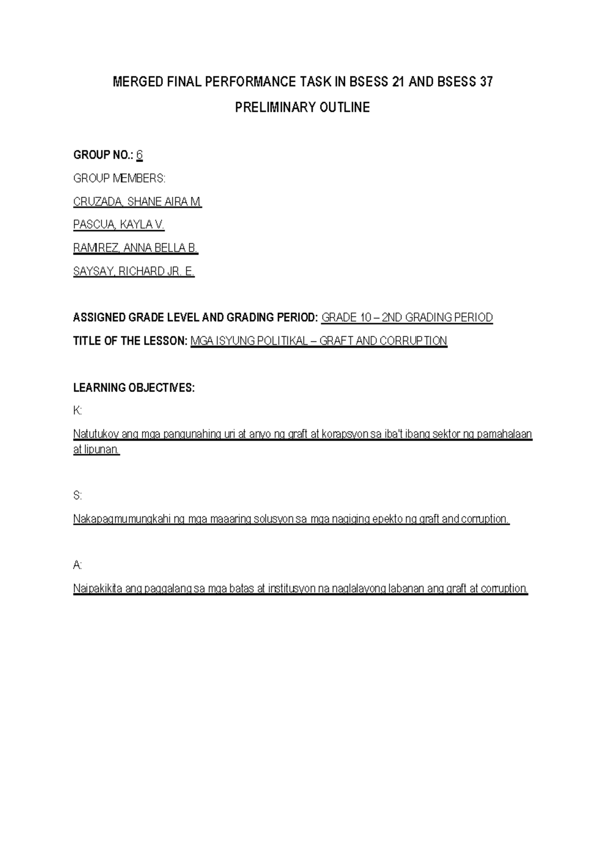 BSESS 21 & 37 Final Performance Task: Graft and Corruption Outline ...