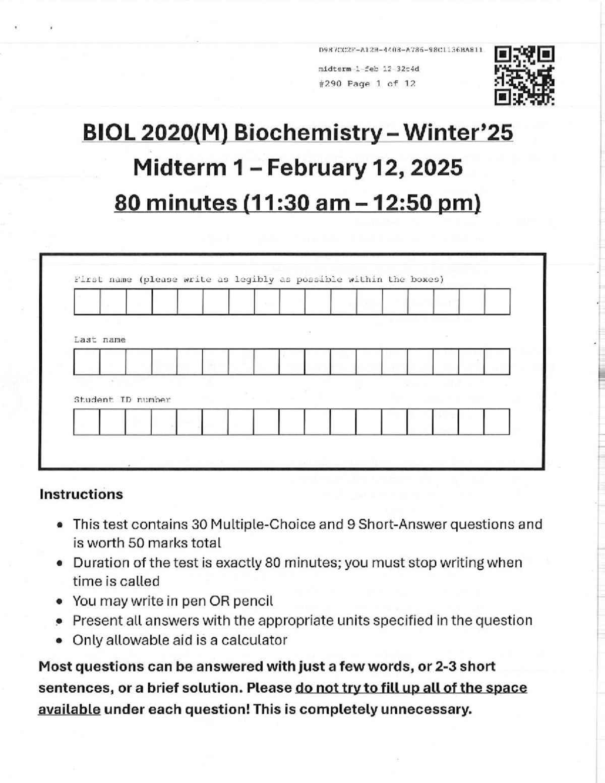 BIOL 2020(M) Biochemistry Midterm 1 Study Guide - Feb 2025 - Studocu