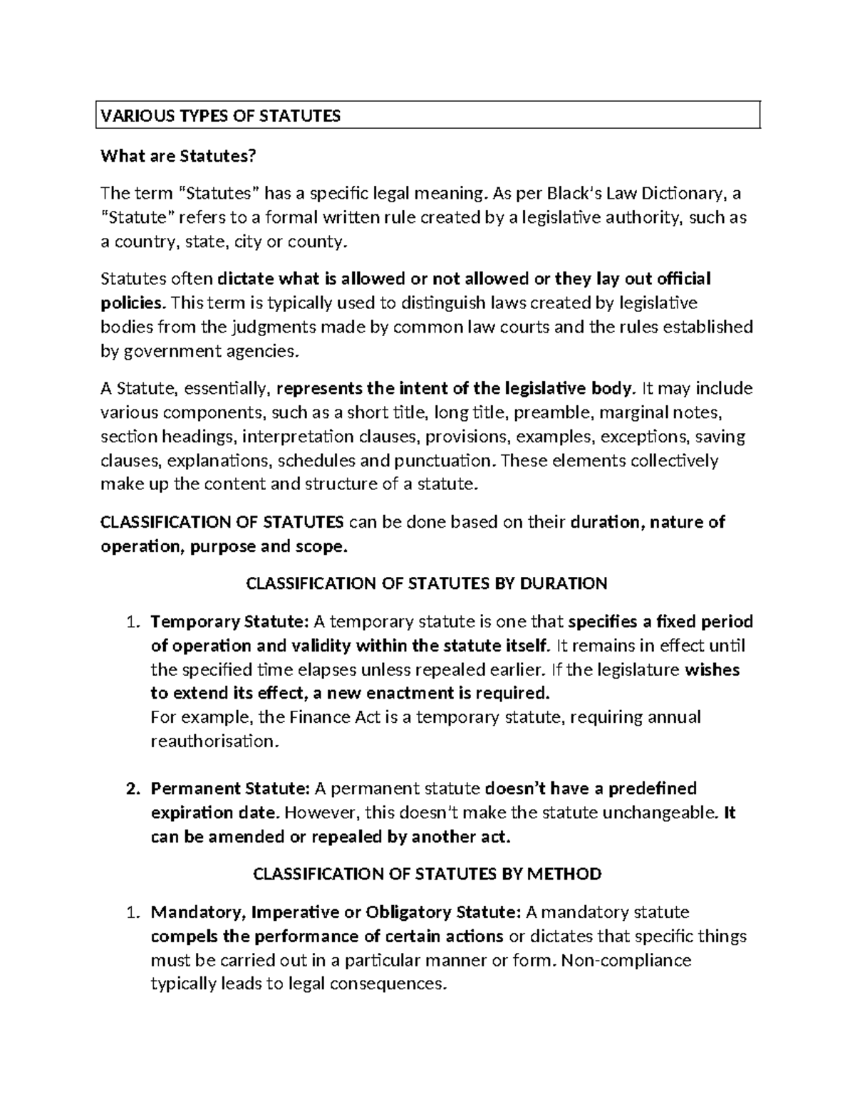 Types of Statutes: Classification and Legal Implications - Studocu