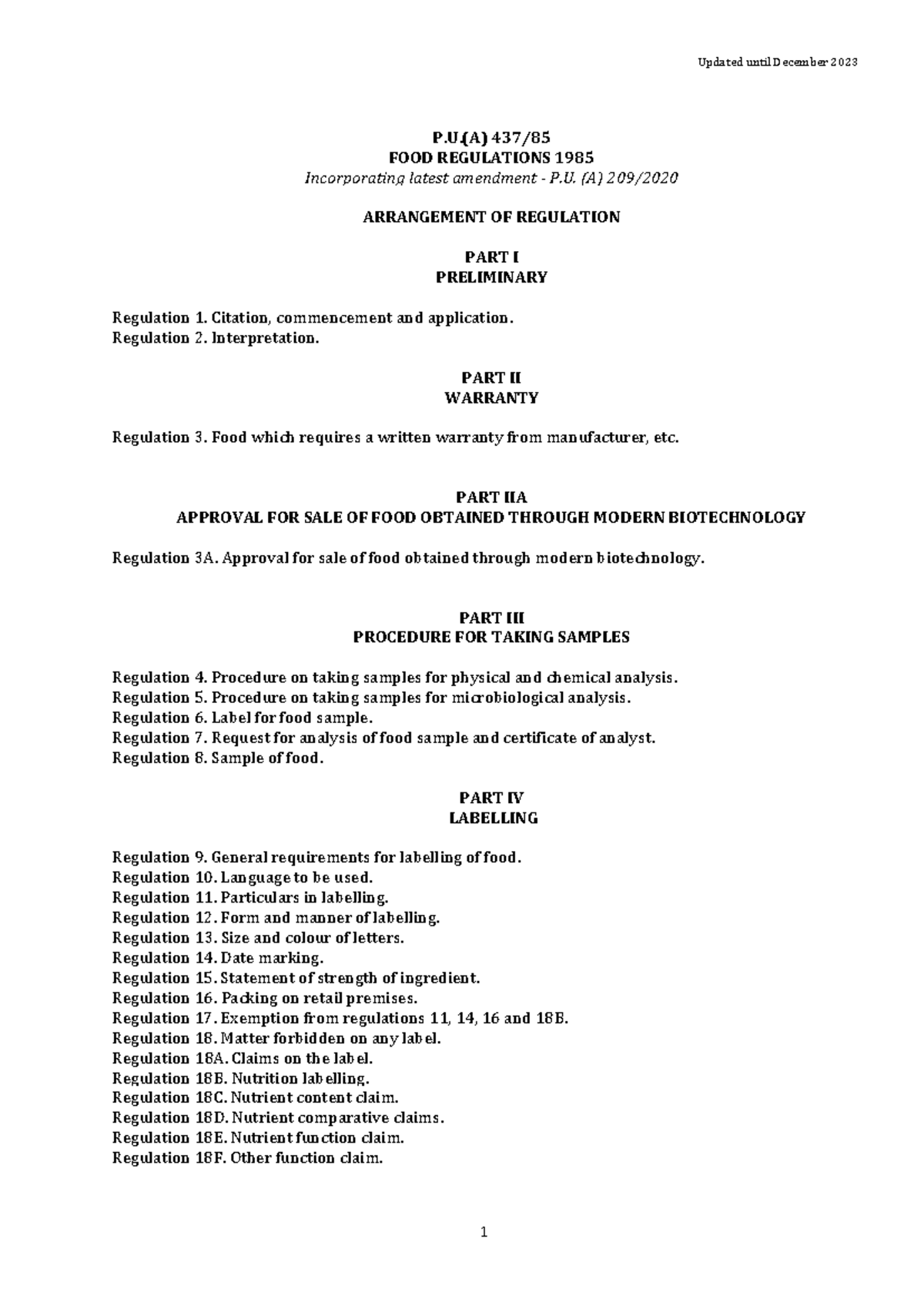 Food Regulation 1985 Amendment Update P.U.(A) 209/2020 Document - Studocu