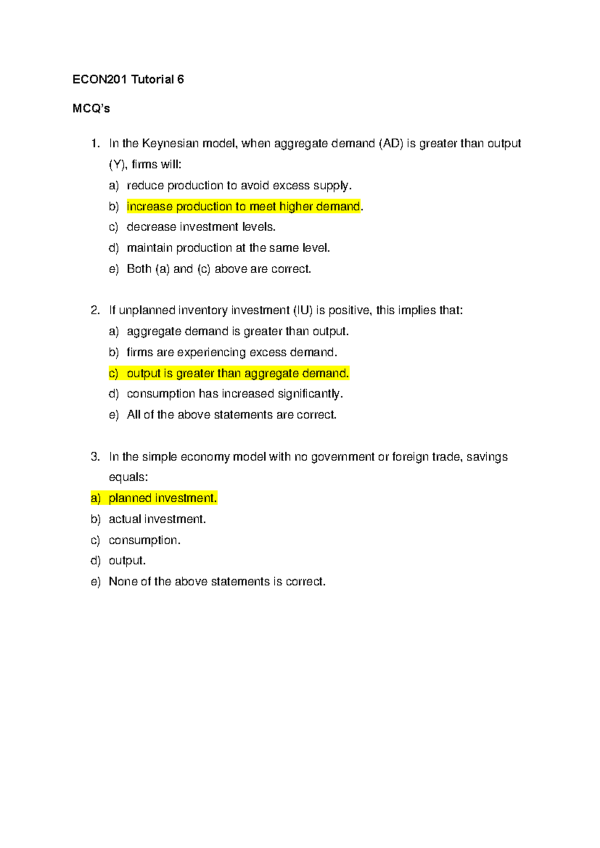 Econ 201 Tutorial 6: Key Concepts in the Keynesian Model Explained ...