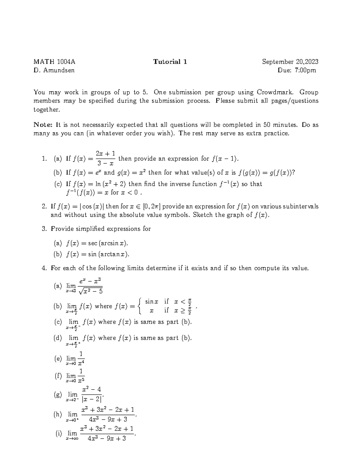 MATH 1004A D. Amundsen Tutorial Practice Questions and Solutions - Studocu