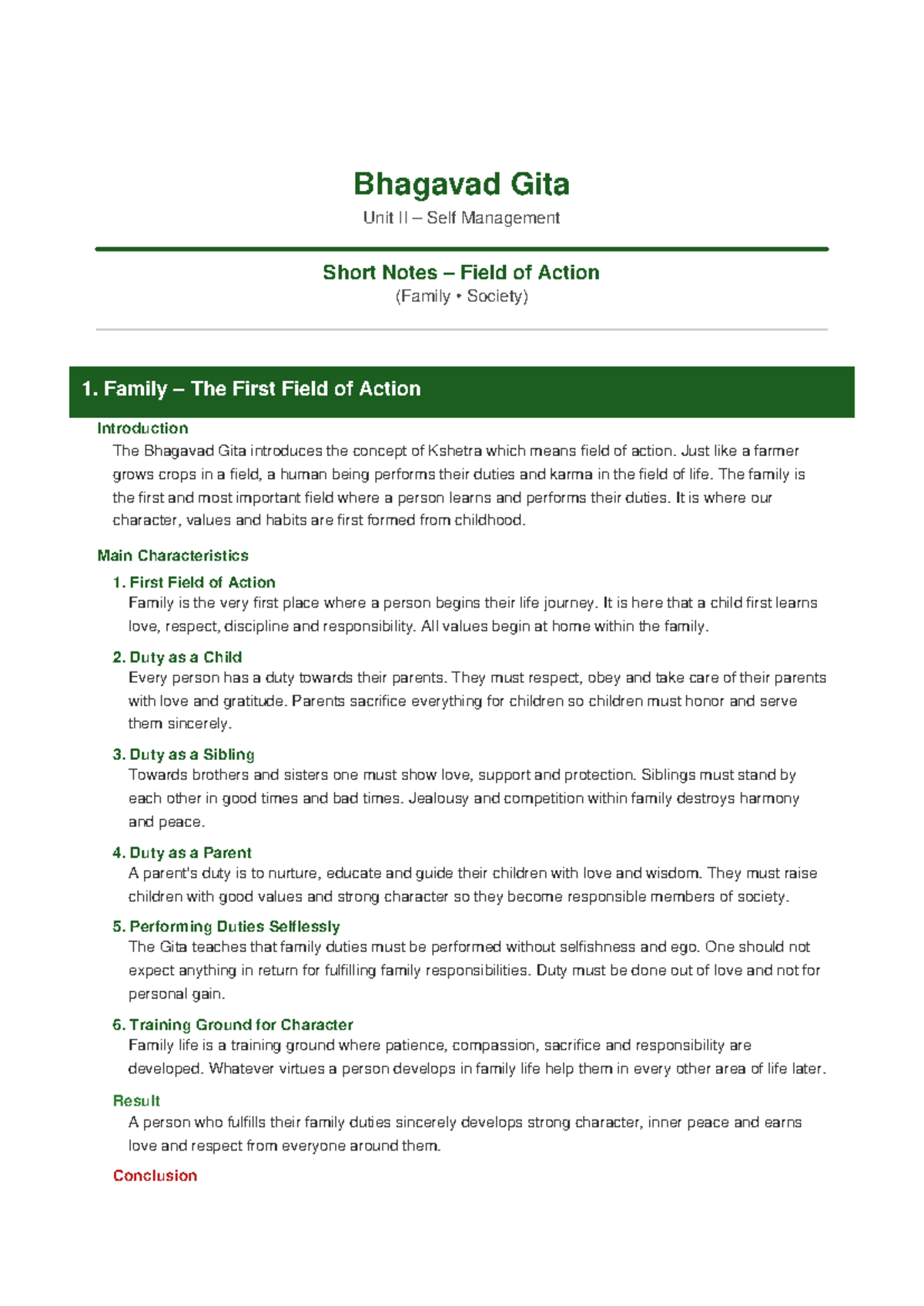 Bhagavad Gita Unit II: Self Management Short Notes on Family & Society ...