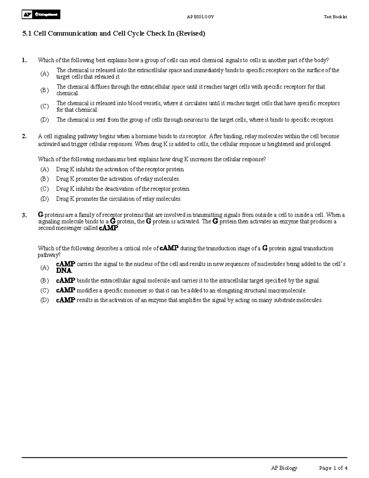 AP BIOLOGY Test Booklet 5.1: Cell Communication & Cell Cycle Check In ...