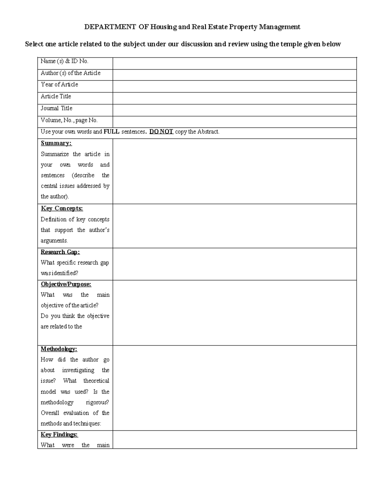 Article Review Template for Housing and Real Estate Management RPV ...