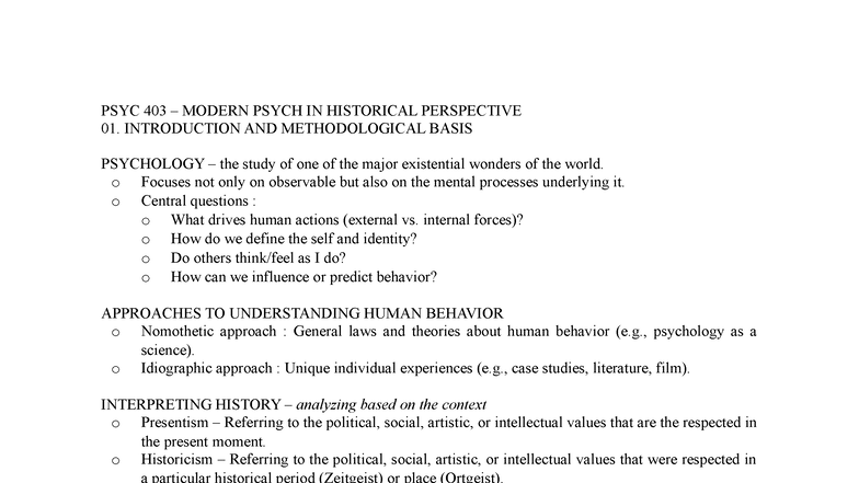PSYC 403 MODERN PSYCH: INTRO & METHODOLOGICAL FOUNDATIONS - Studocu