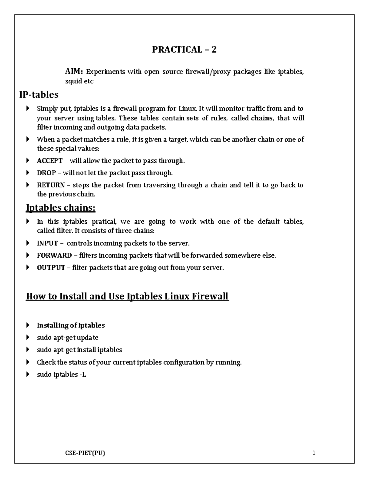 Practical 2: Experimenting with Iptables for Firewall Configuration in CS - Studocu