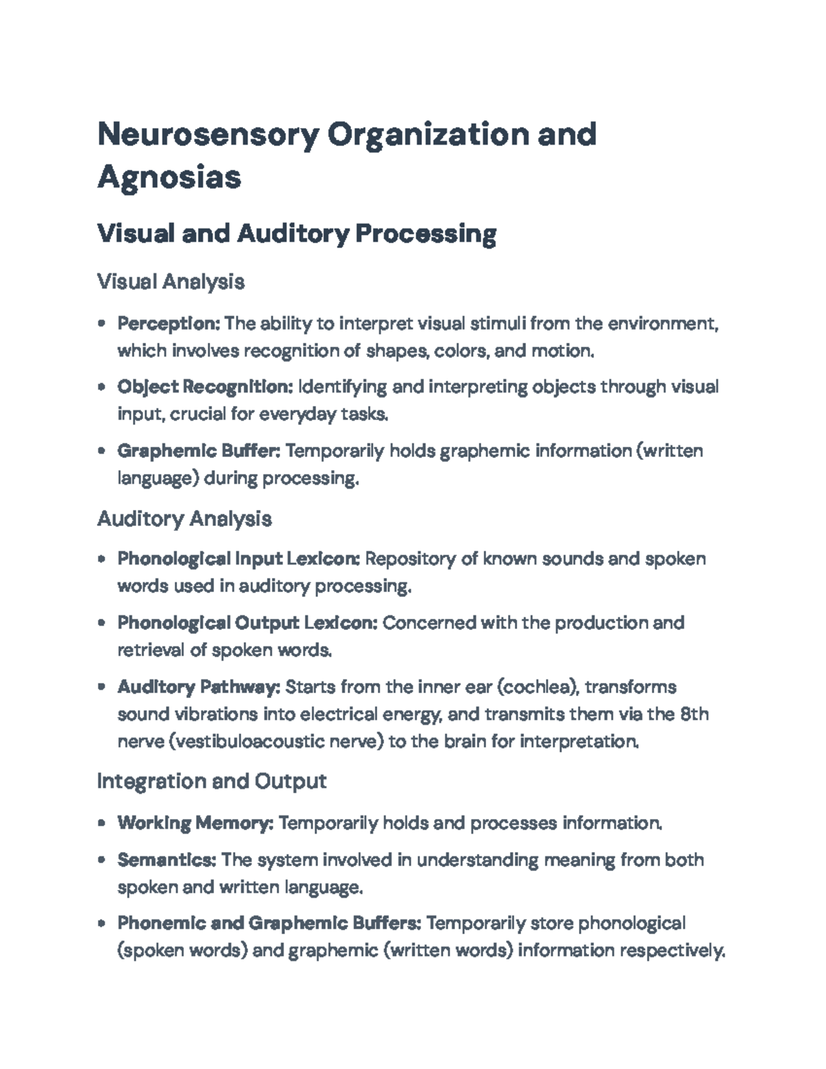 Neurosensory Org. & Agnosias: Visual & Auditory Processing Overview ...