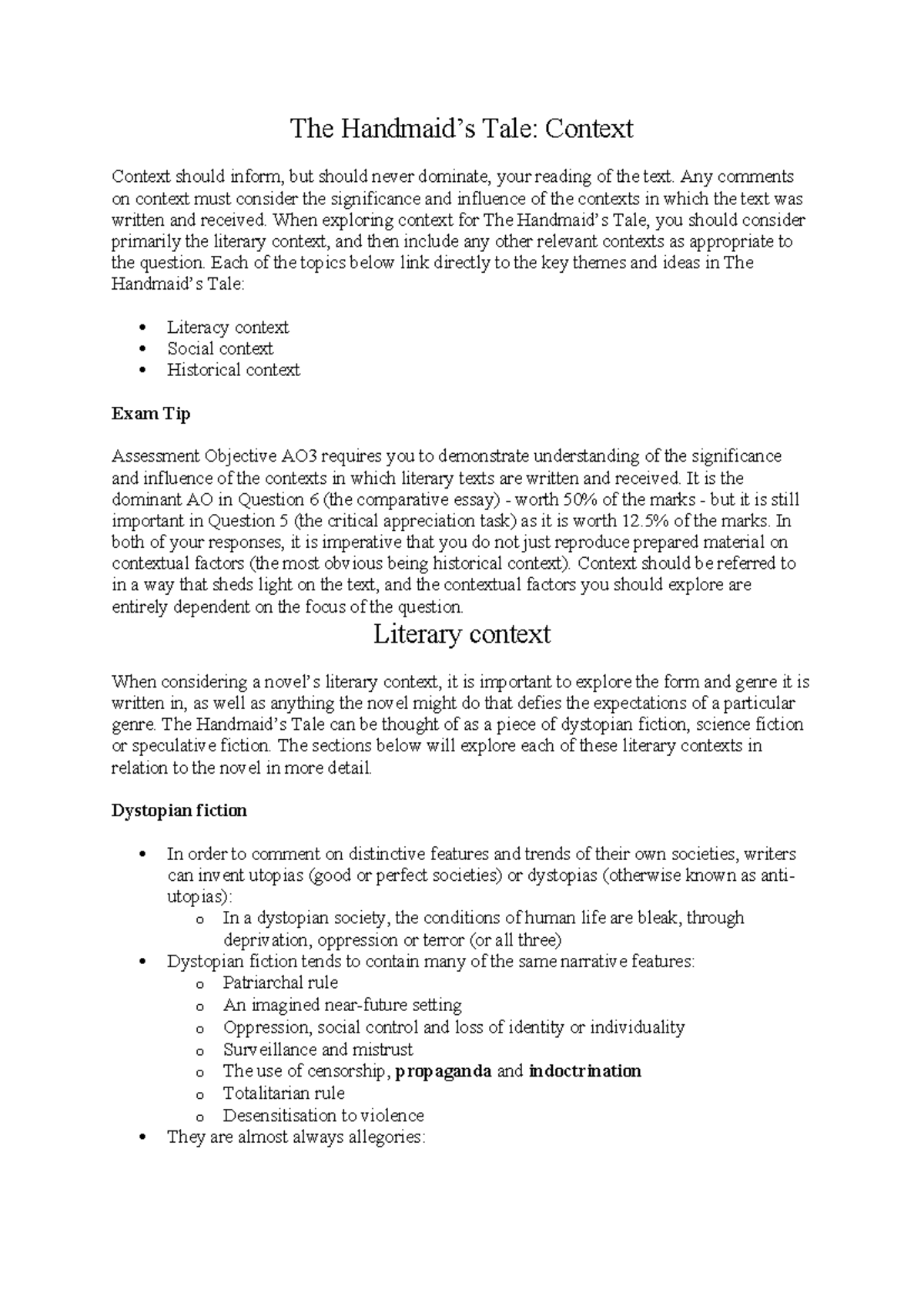 The Handmaid’s Tale: Context & Literary Influences Analysis - Studocu