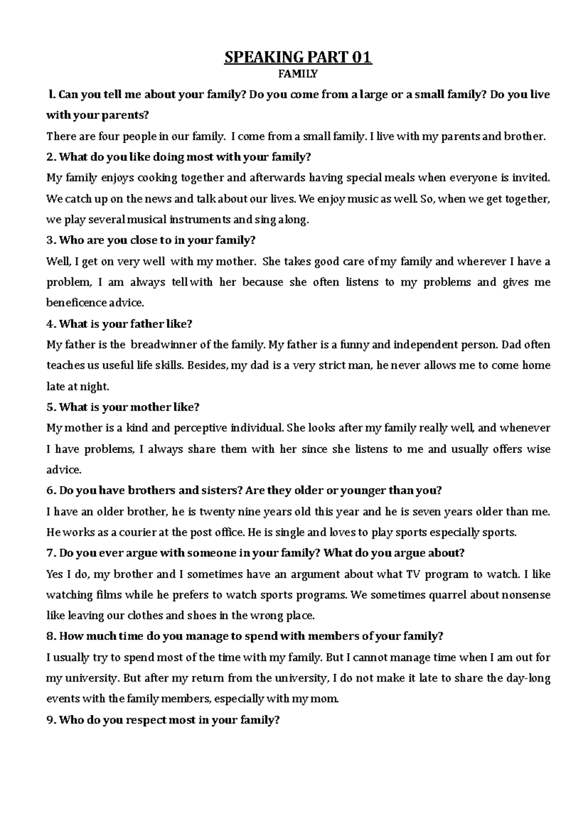 SPEAKING PART 01: FAMILY, FRIENDS, HOBBIES, AND DAILY ROUTINE - Studocu