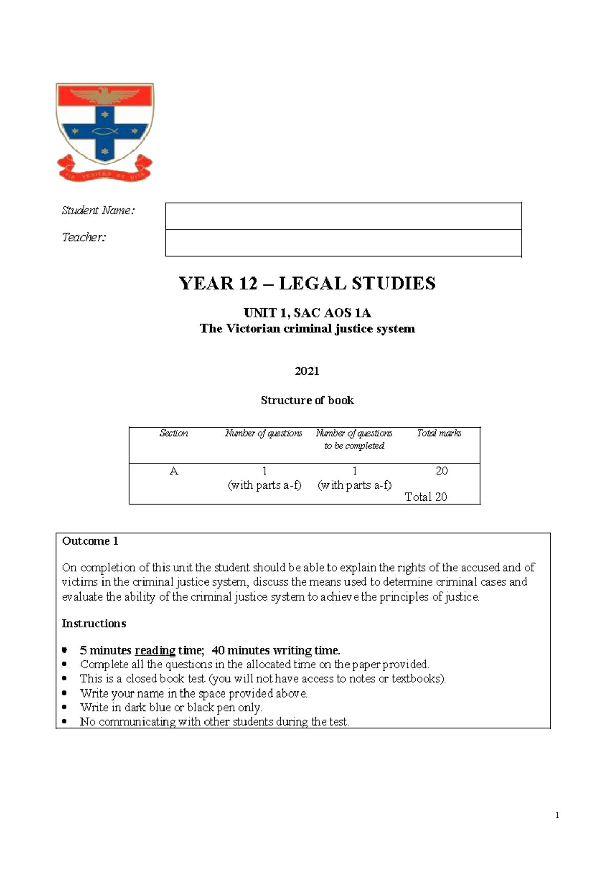 U3 AOS1a Legal Studies SAC - The Victorian Criminal Justice System ...