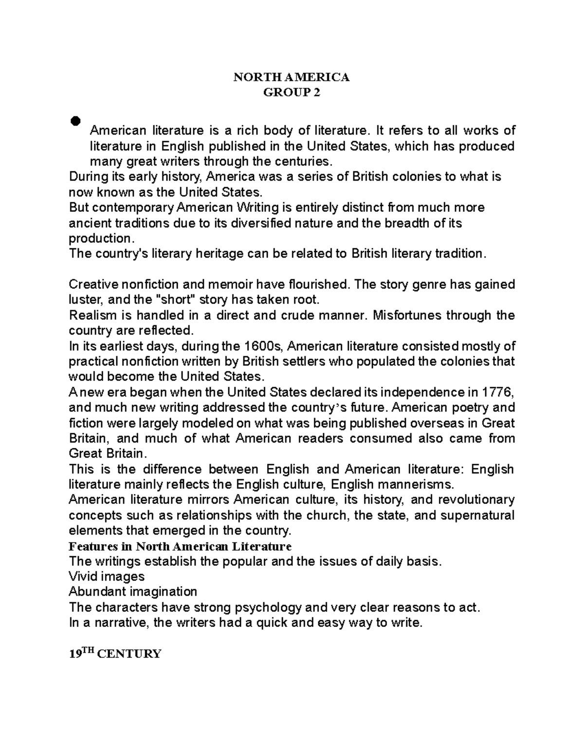 North America Literature Overview - LITT Course Notes - Studocu