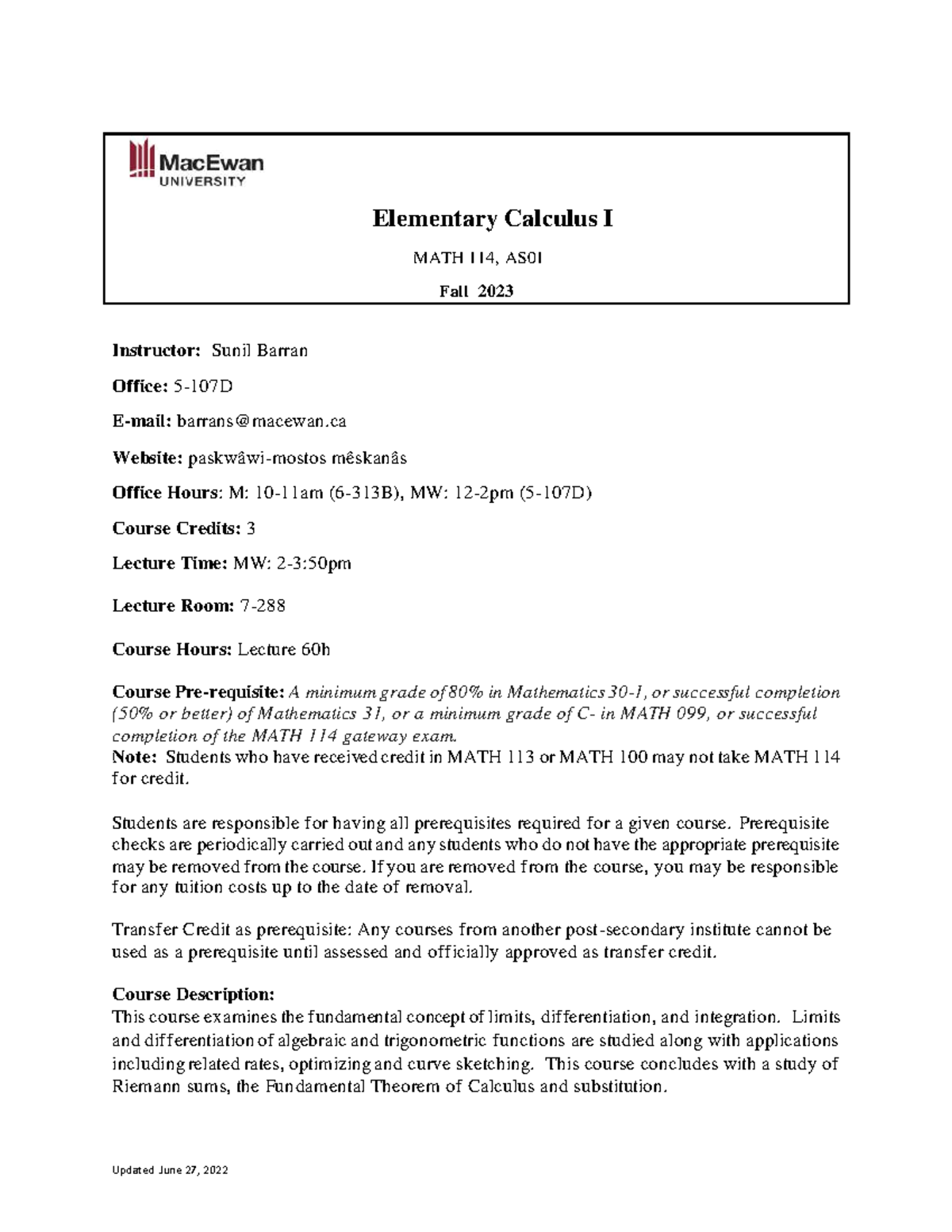 Elementary Calculus I MATH 114 AS01 Fall 2023 Course Outline & Schedule ...