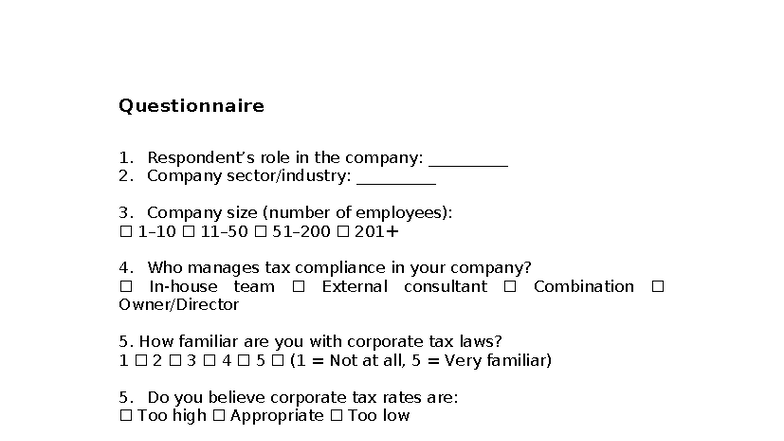 Taxation Questionnaire: Corporate Tax Compliance Insights - Studocu