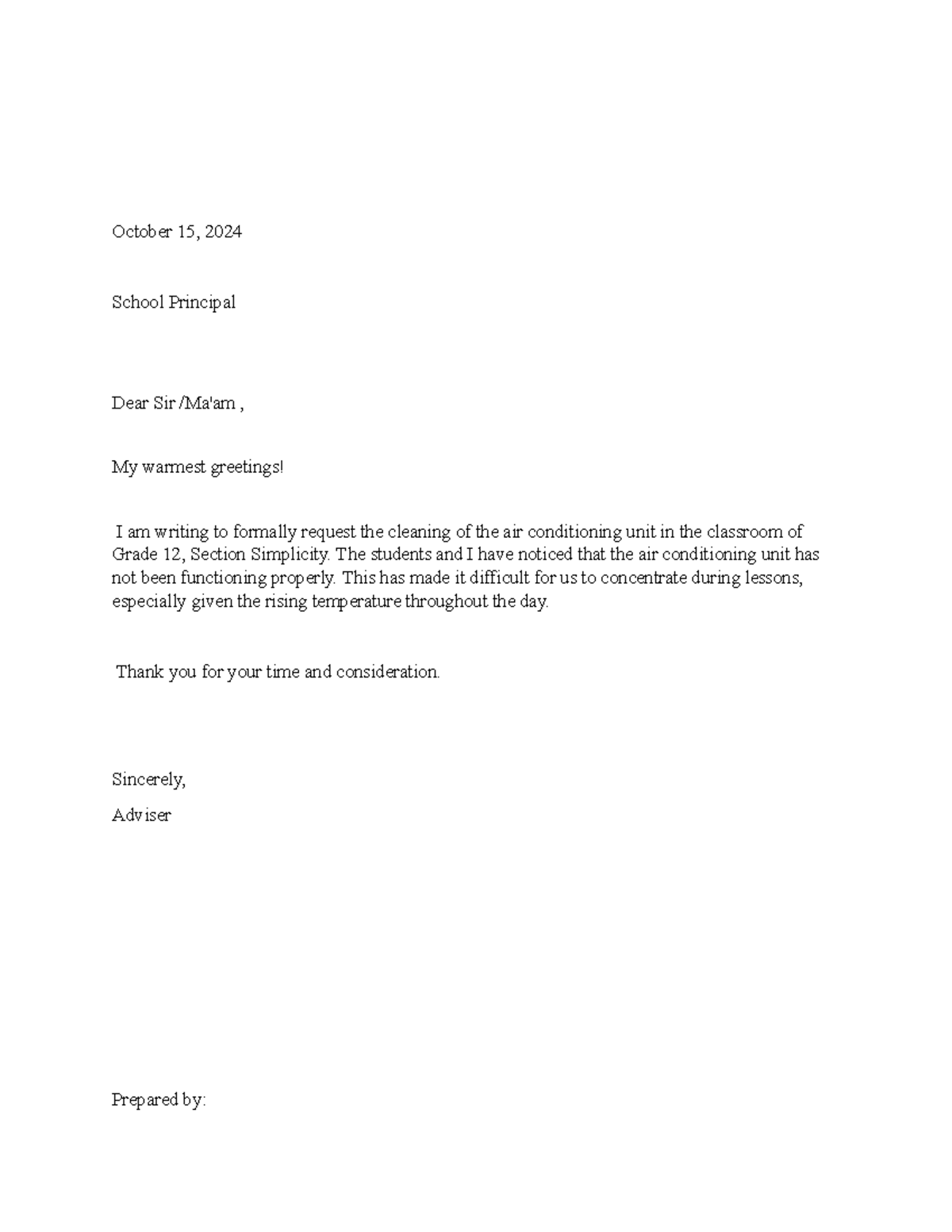 Request for Air Conditioning Cleaning - Grade 12, Section Simplicity ...