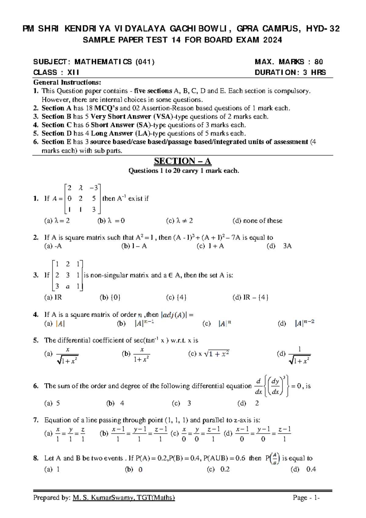 Sample Paper Test 14 for Mathematics Class XII Board Exam 2024 - Studocu
