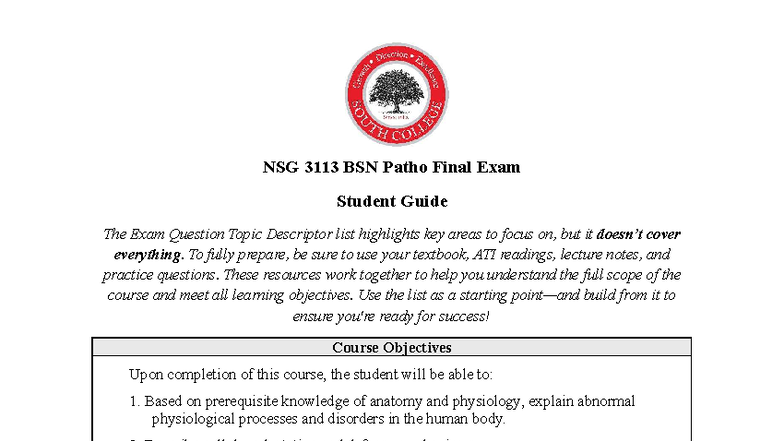 NSG 3113 BSN Pathophysiology Final Exam Study Guide - Studocu